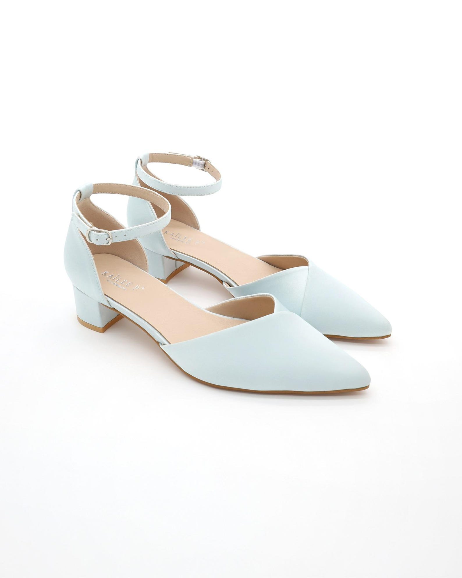 Light Blue Satin Pointy Toe Low Block Heels Wedding Shoes With Wrapped ...