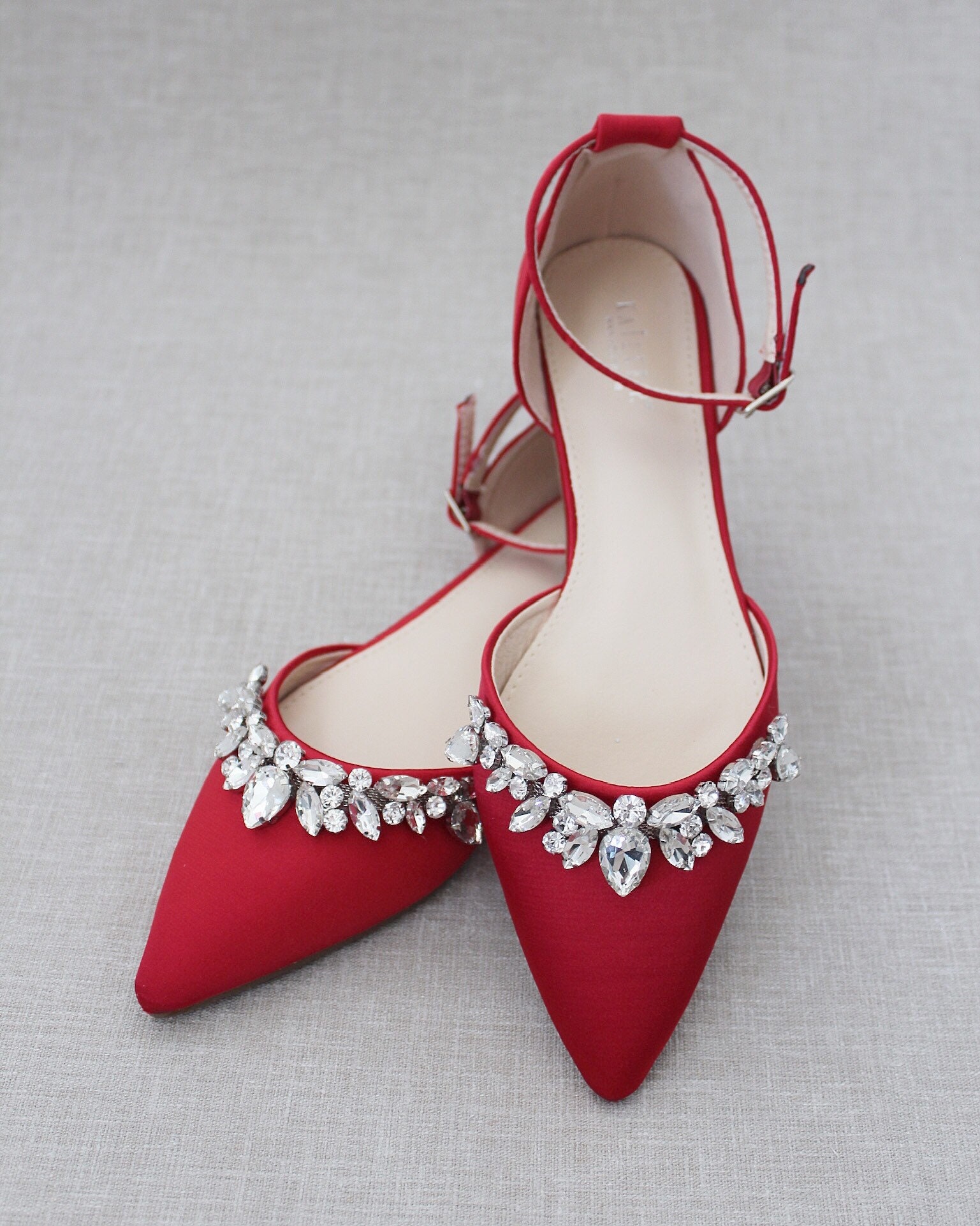 Red Flat Sandals With Rhinestones