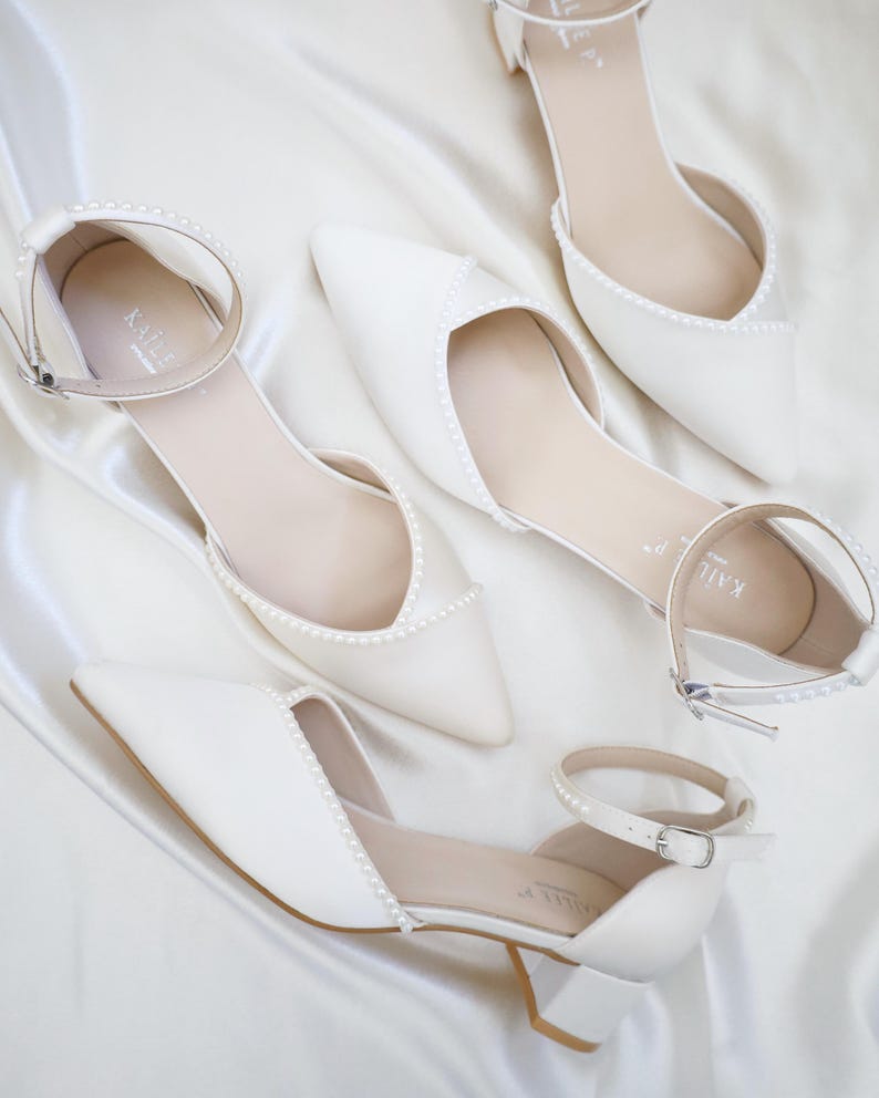 Ivory & White Satin Pointy Toe Low Block Heels Wedding Shoes With Mini ...