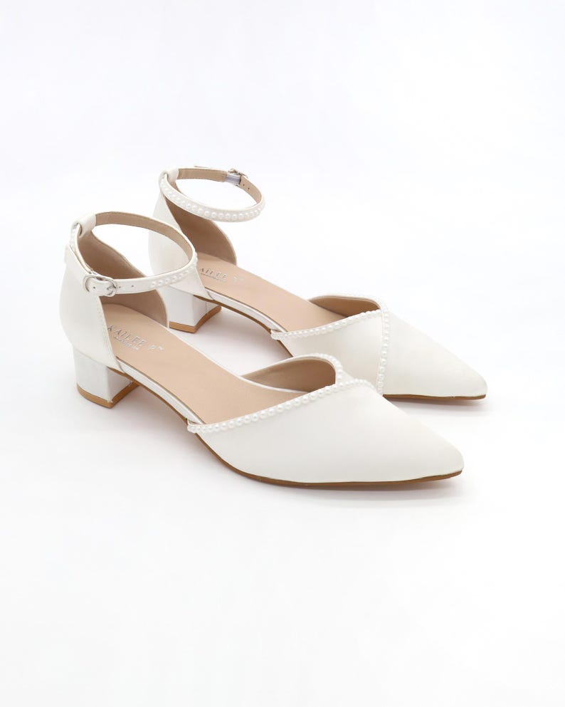 Ivory & White Satin Pointy Toe Low Block Heels Wedding Shoes With Mini ...