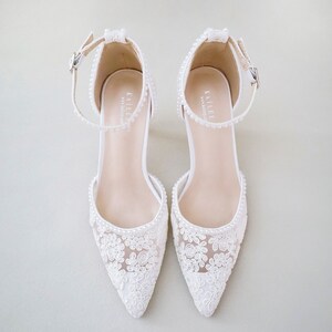 White Crochet Lace Pointy Toe HEELS With Mini Pearls - Women Wedding ...
