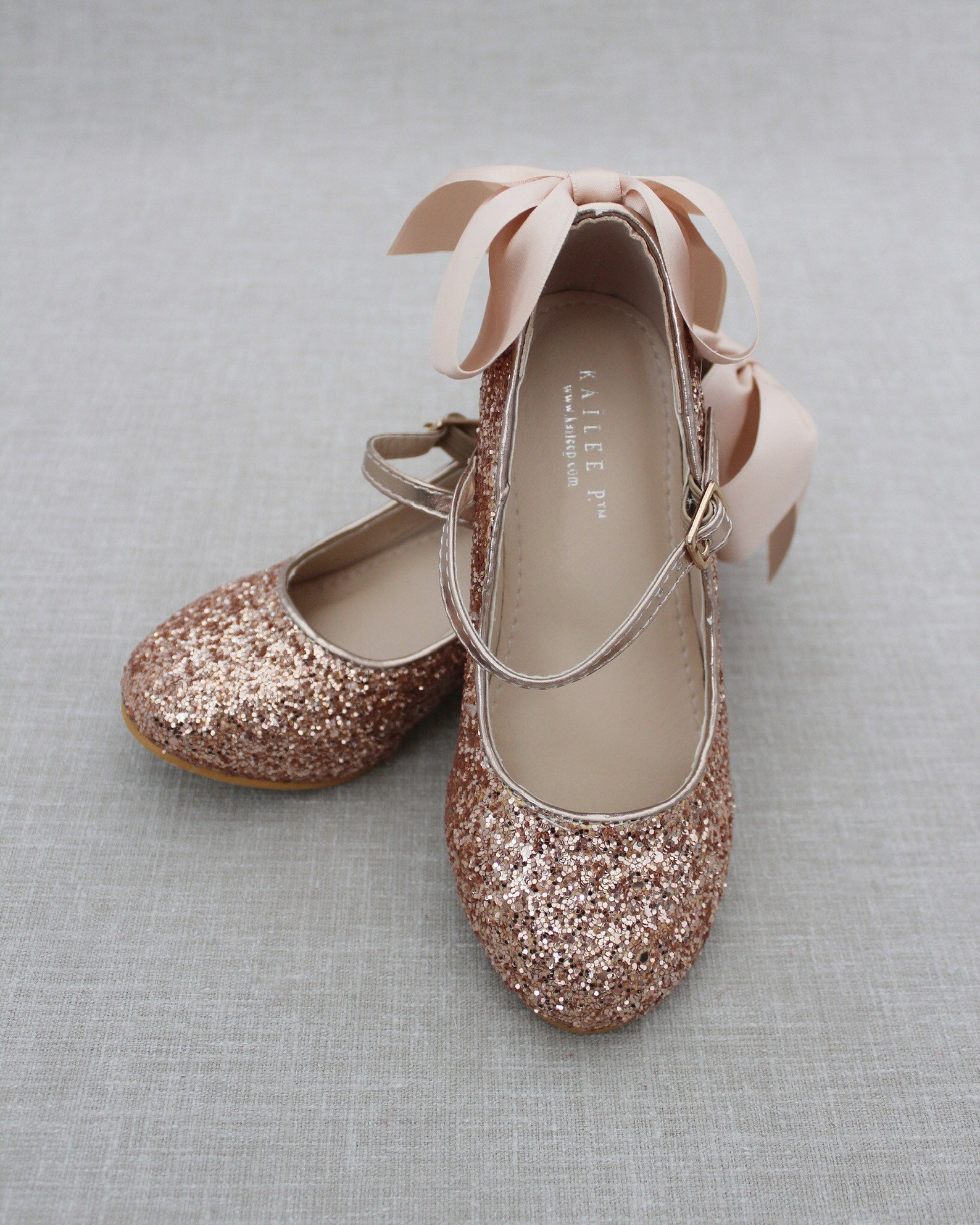 Rose Gold Rock Glitter Mary-jane Heels With Added BLUSH SATIN BOW ...