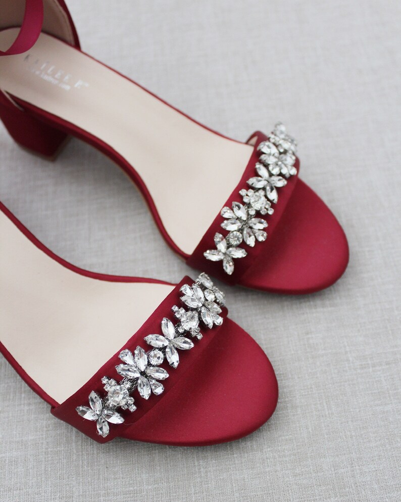 Burgundy Satin Block Heel Sandal With FLORAL RHINESTONES Upper - Etsy