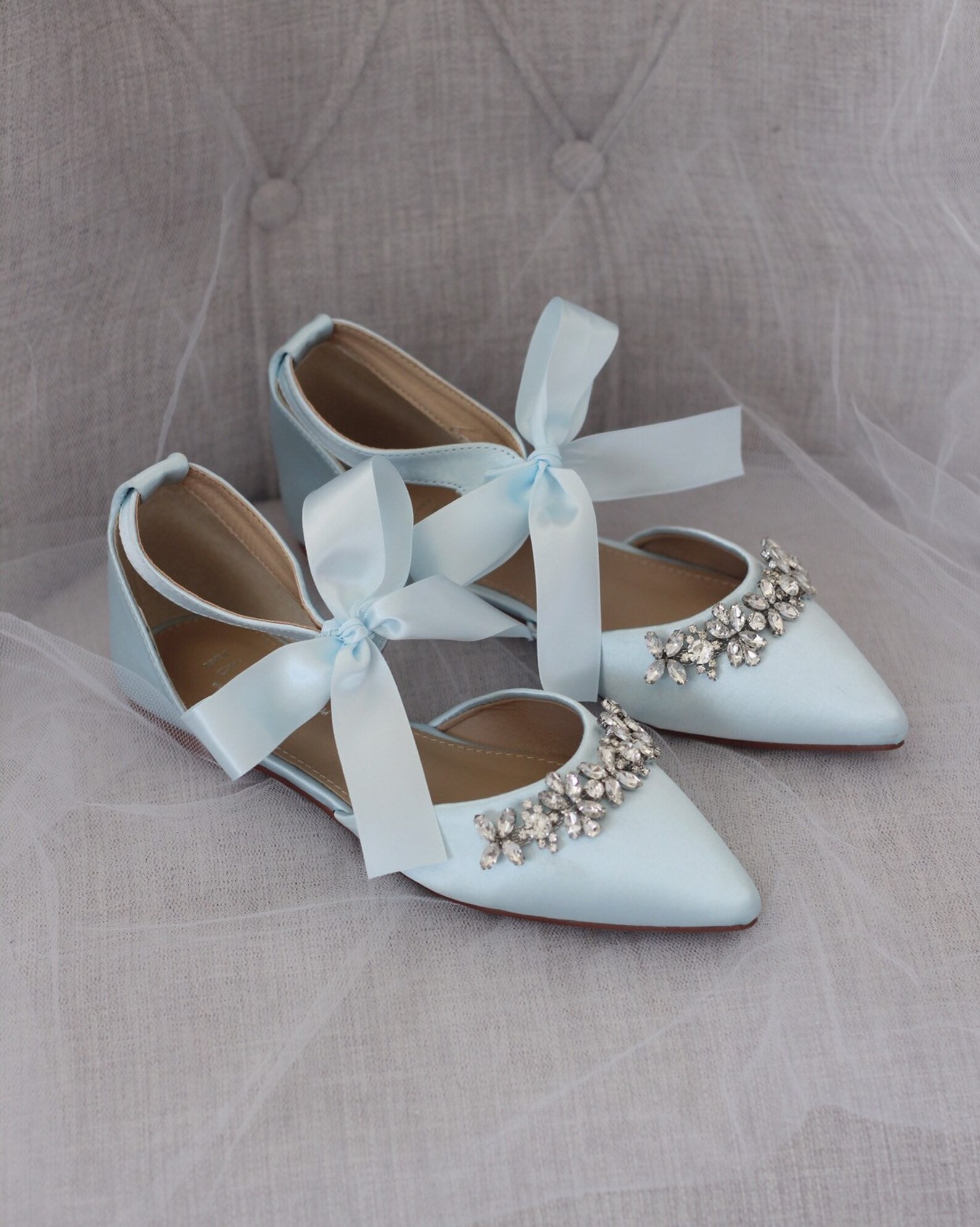 Light Blue Satin Pointy Toe Flats With FLORAL RHINESTONES and - Etsy