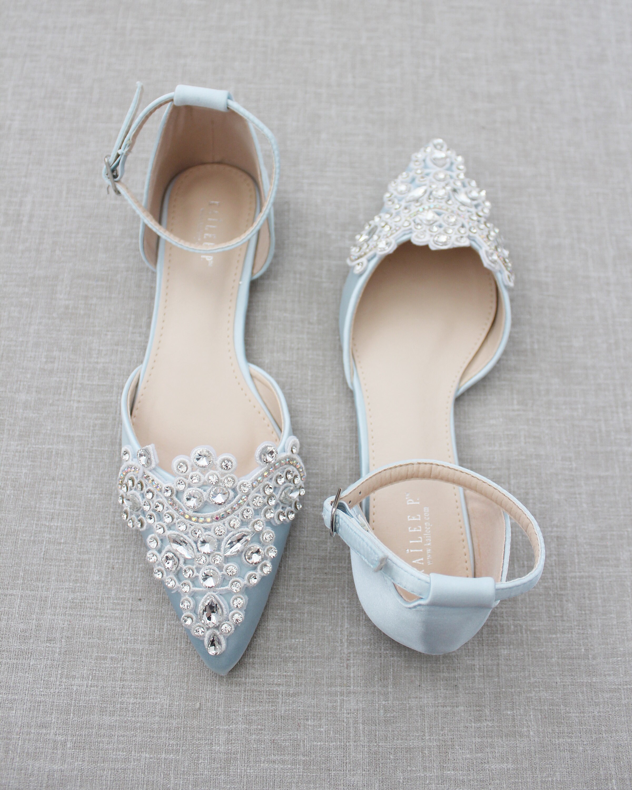 Light Blue Satin Pointy Toe Flats With Sparkly RHINESTONES | Etsy