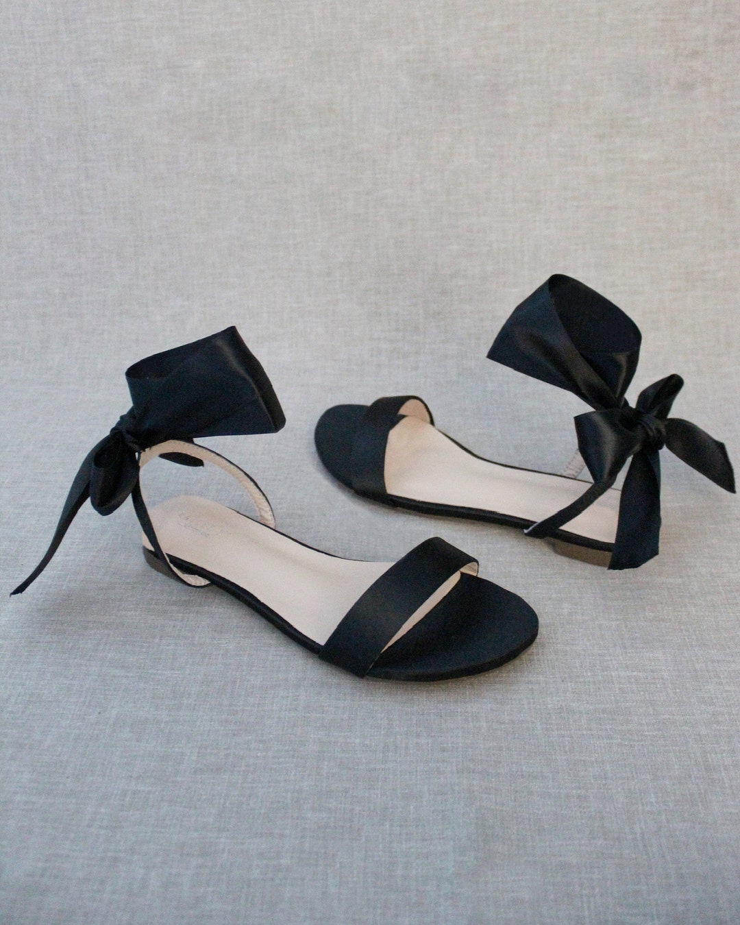 Black Satin Flat Sandal With WRAPPED SATIN TIE, Bridesmaid Shoes, Women ...