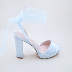 Light Blue Satin Platform Block Heel Wedding Sandals With Wrapped Ankle ...