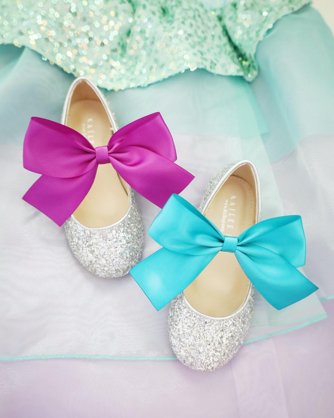 PRINCESS ARIEL SHOES - Silver Rock Glitter Mary-jane With Teal Satin ...