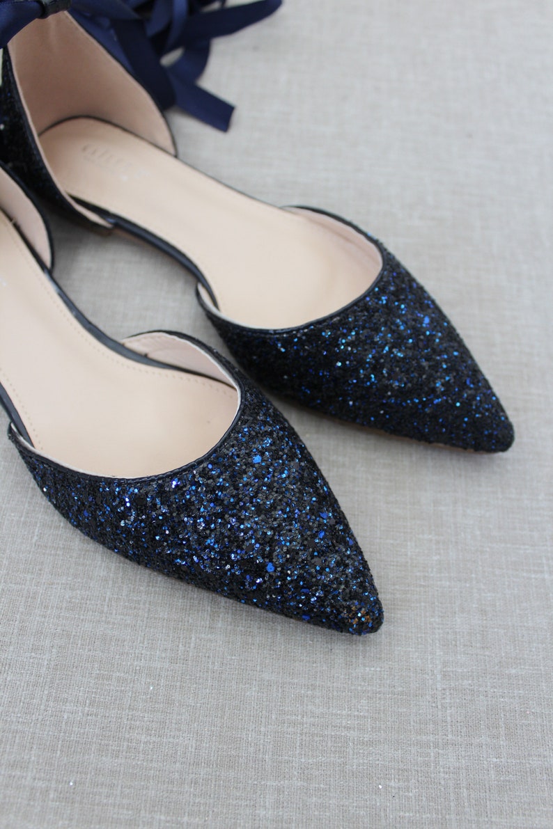 Navy Blue Rock Glitter Pointy Toe Flats With Satin ANKLE TIE | Etsy