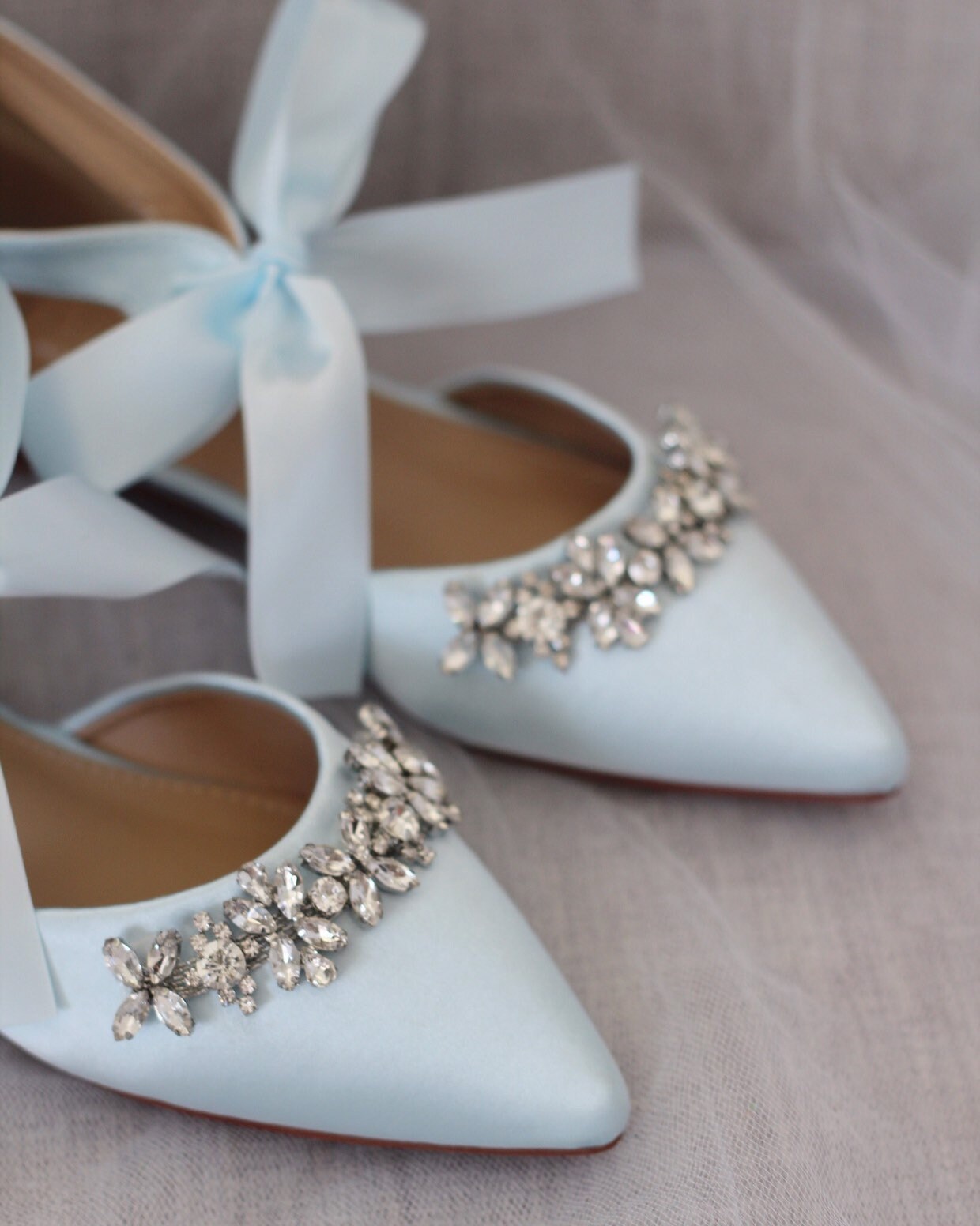 Light Blue Satin Pointy Toe Flats With FLORAL RHINESTONES and - Etsy UK