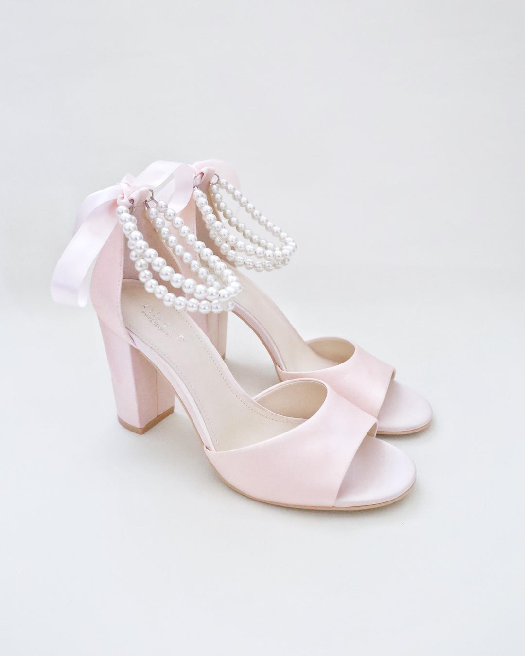 Dusty Pink Satin Block Heel Evening Sandals With Double Pearl Ankle ...