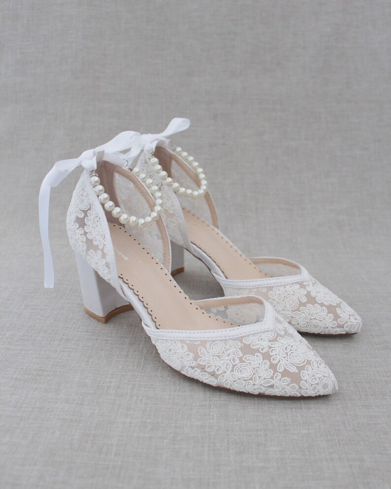 White Crochet Lace Almond Toe Block Heel With Pearl Ankle - Etsy