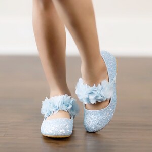 Light Blue Rock Glitter Mary Jane With Chiffon Flowers for Girls ...