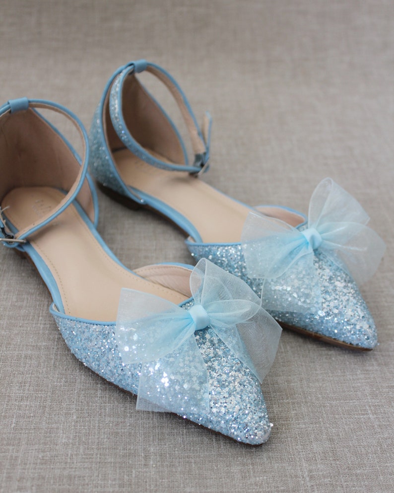 Light Blue Rock Glitter Pointy Toe Flats With Ankle Strap & - Etsy