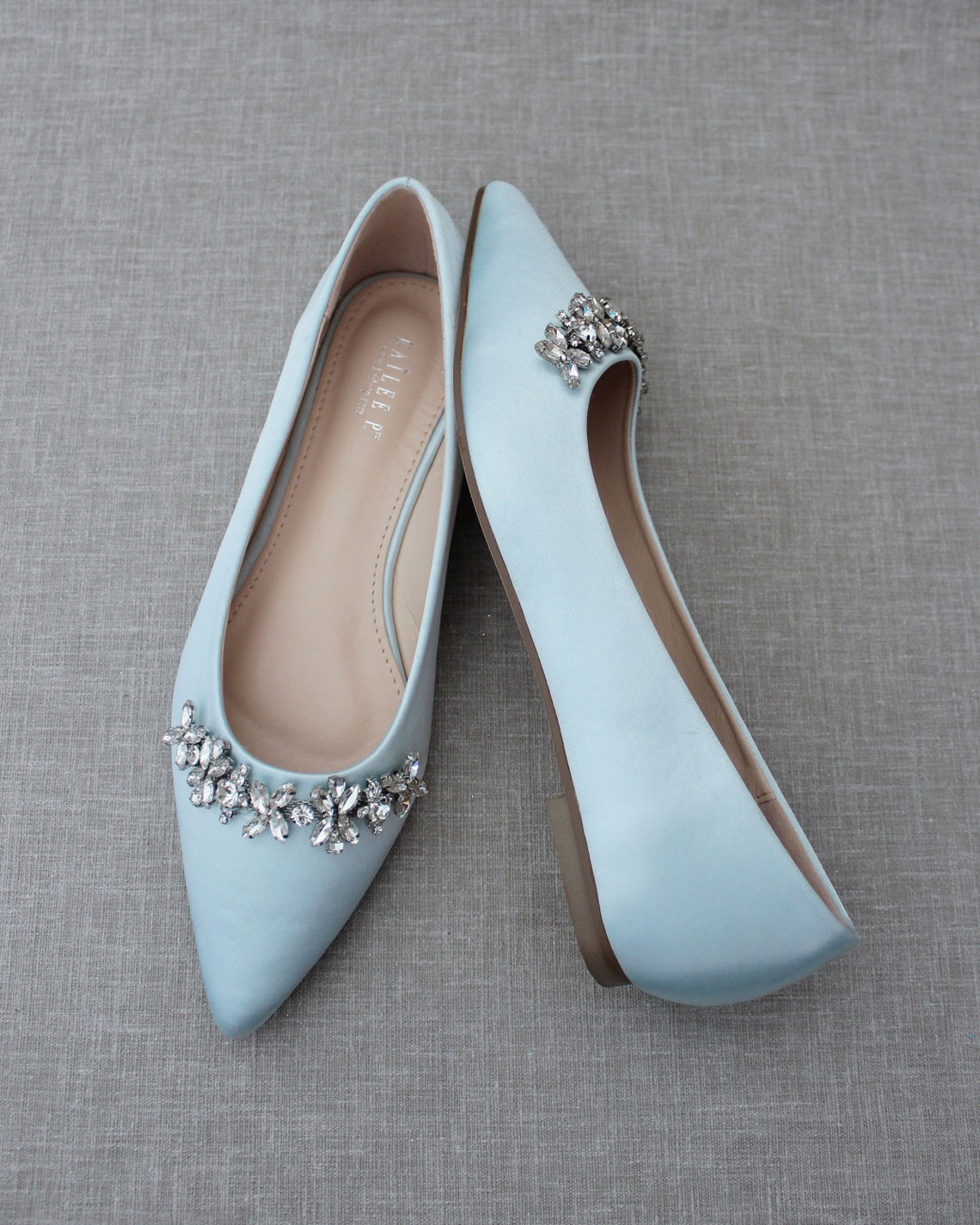 Light Blue Satin Pointy Toe Flats With FLORAL RHINESTONES ...