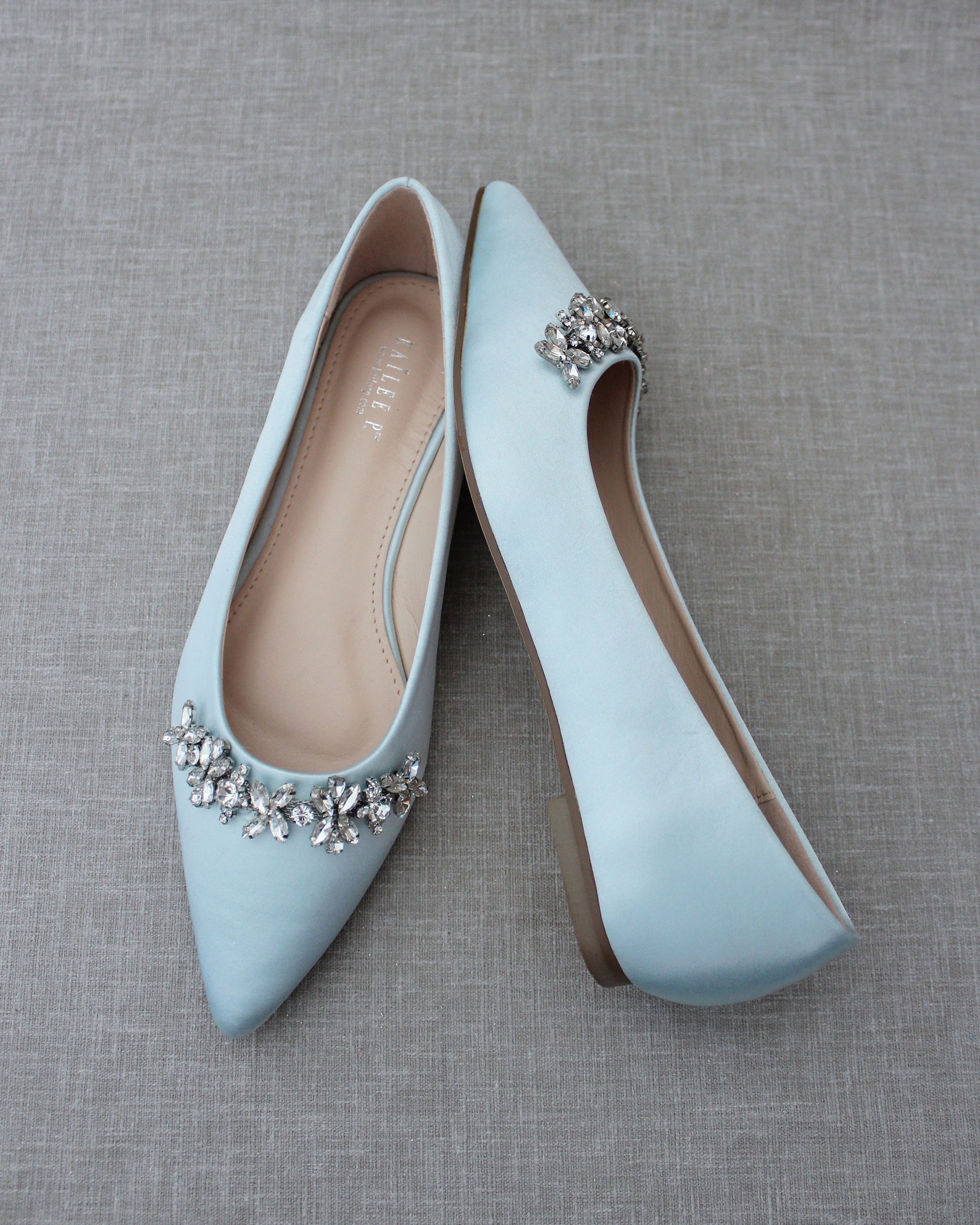 Light Blue Satin Pointy Toe Flats With FLORAL RHINESTONES ...