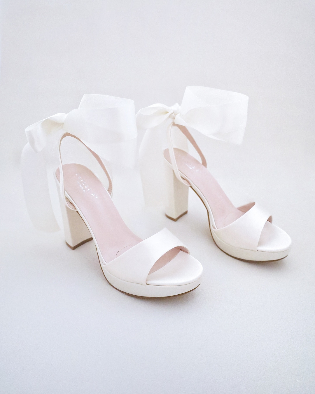Ivory Satin Platform Block Heel Wedding Sandals With Wrapped Ankle Tie ...