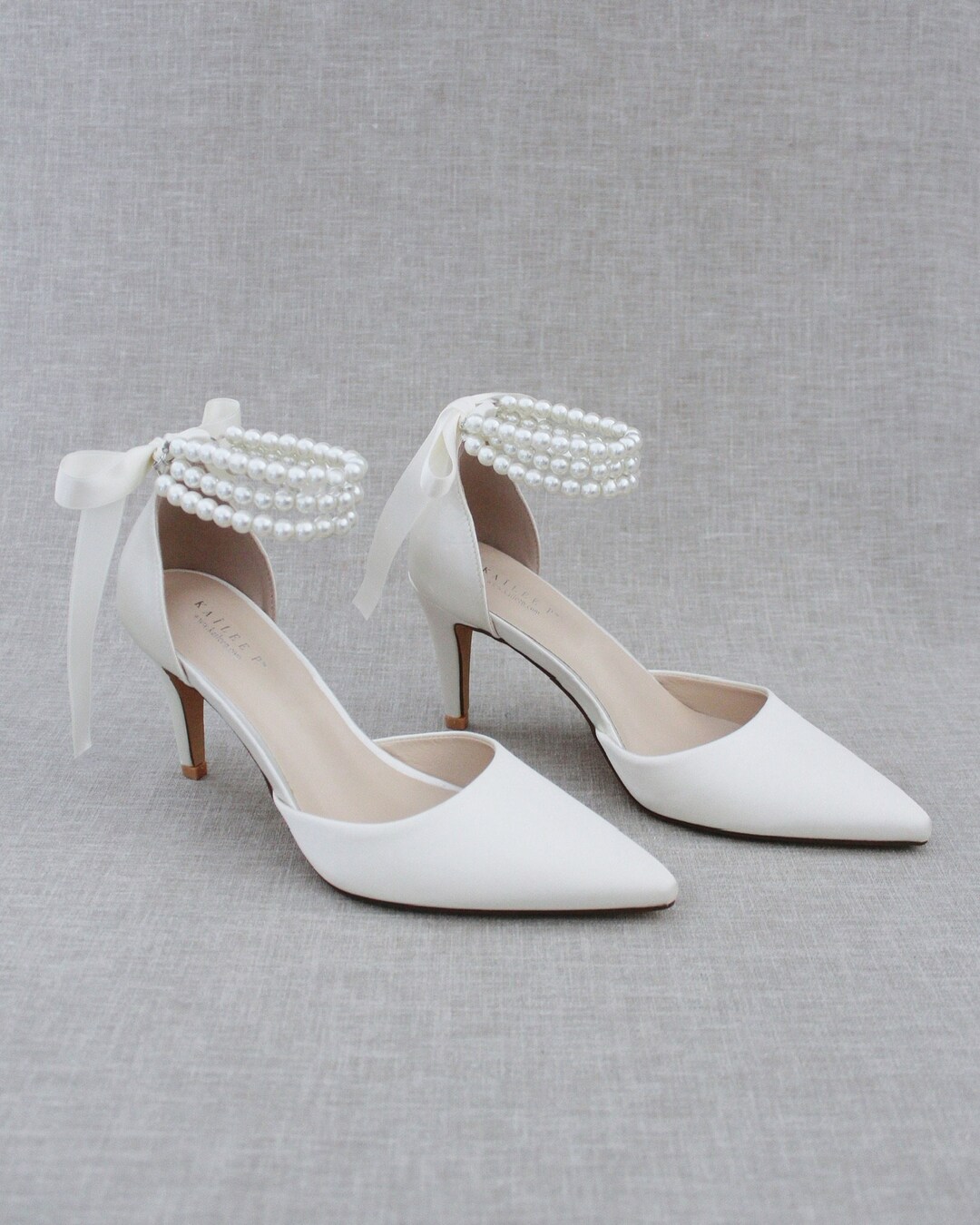 Ivory Satin Pointy Toe Heels With Trinity Pearls Ankle Strap - Wedding ...