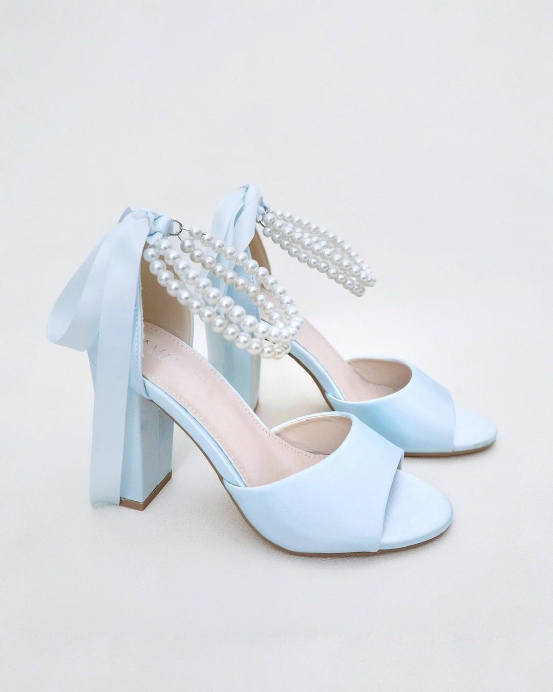 Light Blue Satin Block Heel Wedding Sandals With Double Pearls Ankle ...