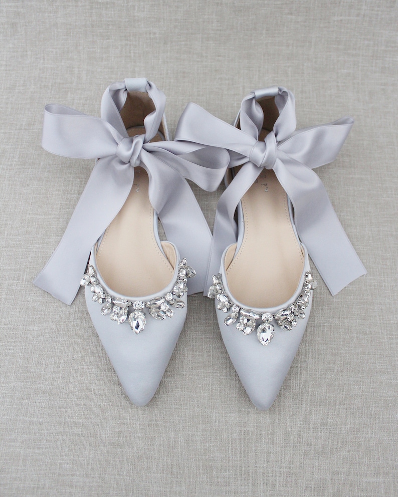 Silver Satin Pointy Toe Flats With Sparkly TEARDROP RHINESTONES, Women ...