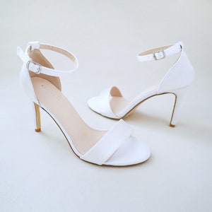 White Satin High Heel Wedding Sandals With Adjustable Pearl Strap ...