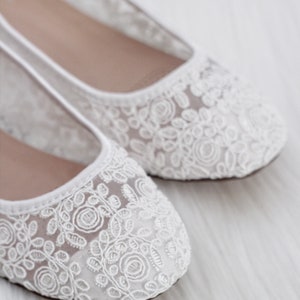 White Lace Round Toe Flats With BACK PEARLS, Women Wedding Lace Shoes ...