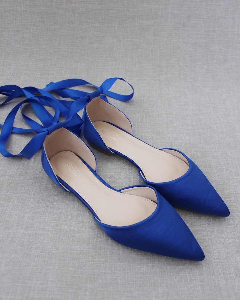 Royal Blue Satin Pointy Toe Flats With Satin ANKLE TIE or BALLERINA ...