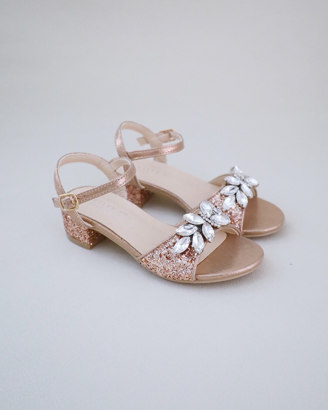 Rose Gold Rock Glitter Block Heel Sandals With Butterfly Brooch, Girls ...
