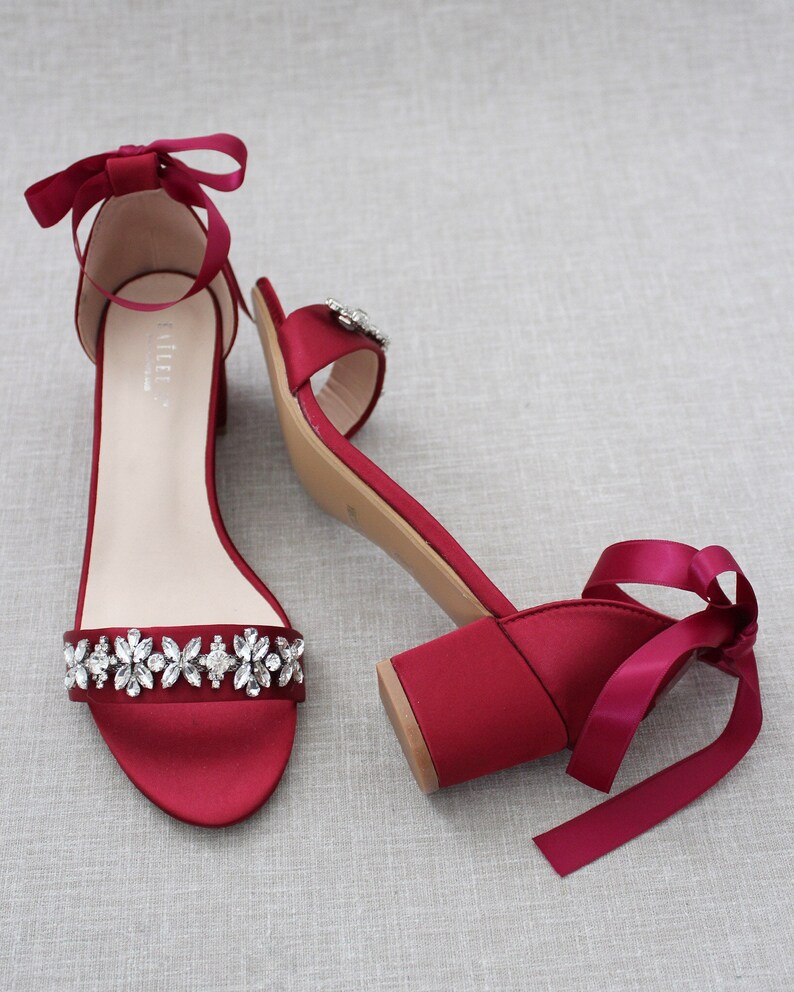 Burgundy Satin Block Heel Sandal With FLORAL RHINESTONES Upper - Etsy