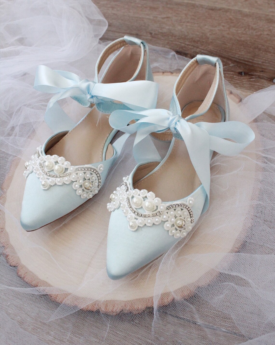 Light Blue Satin Pointy Toe Flats With SMALL PEARLS APPLIQUE - Etsy