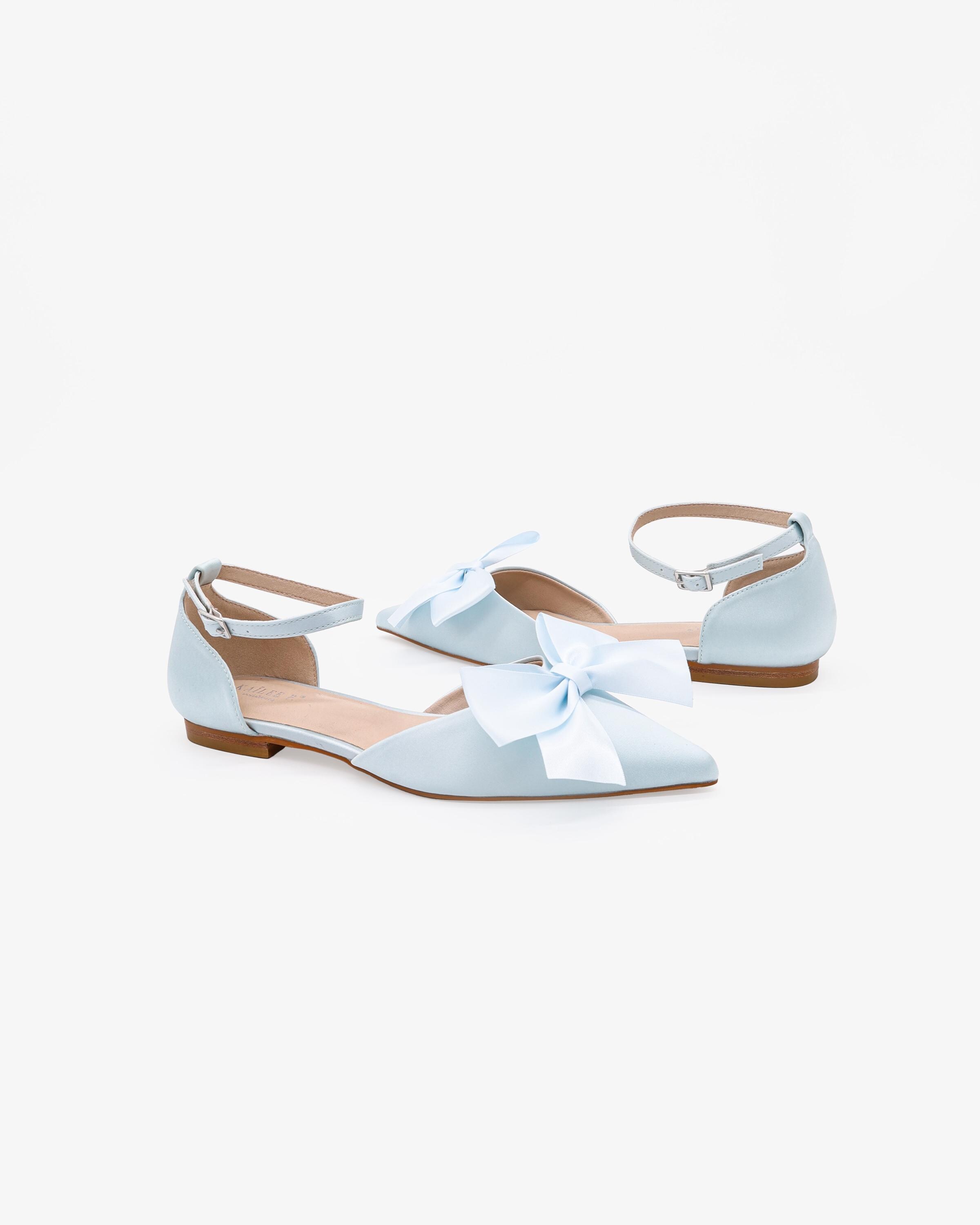 Light Blue Satin Pointy Toe Flats With Front Satin Bow, Women Wedding ...