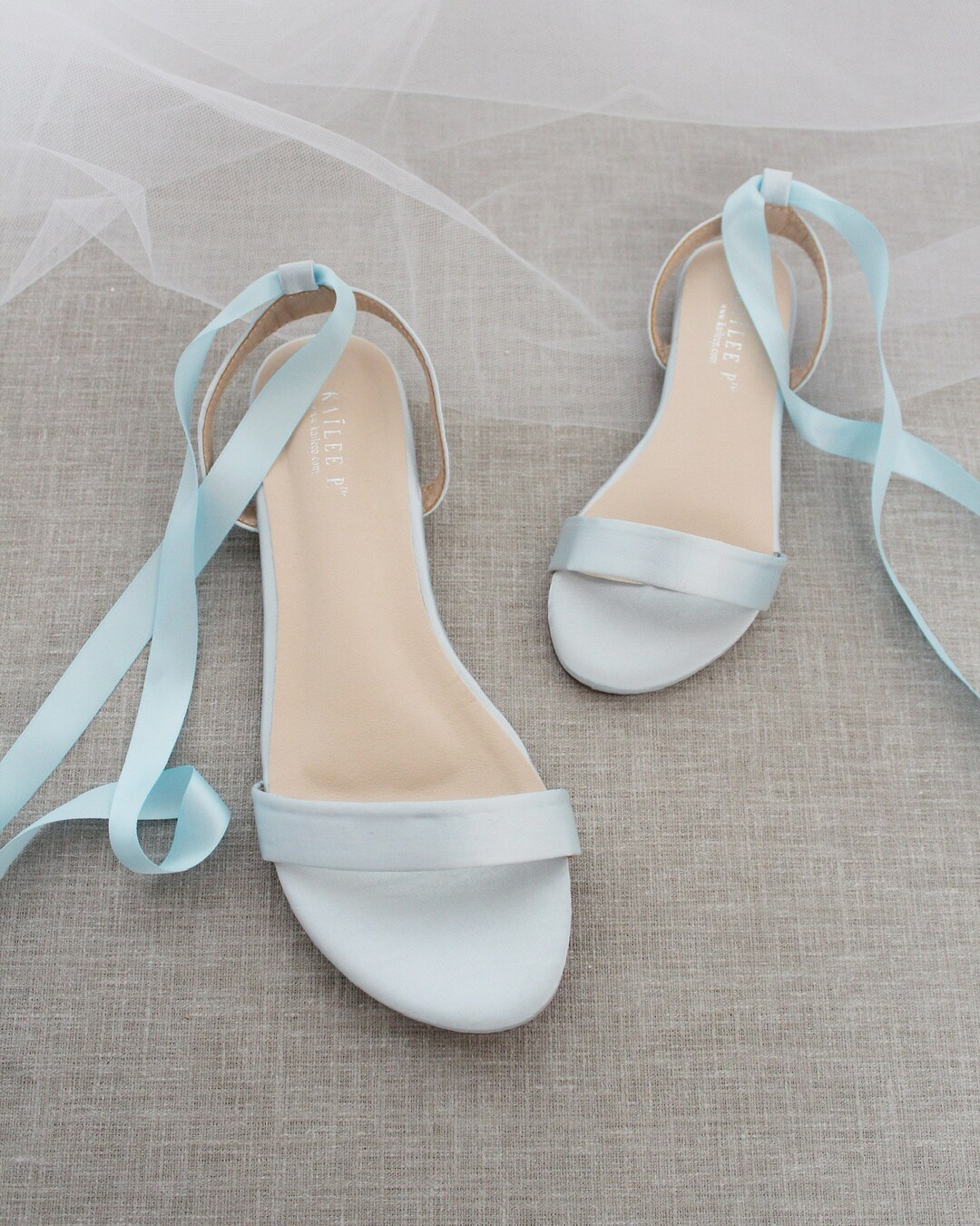 Light Blue Satin Flat Sandal With Ballerina Lace Up, Bridesmaid Shoes ...