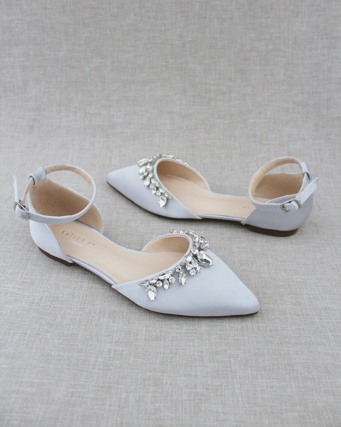 Silver Satin Pointy Toe Flats With Sparkly TEARDROP RHINESTONES, Women ...
