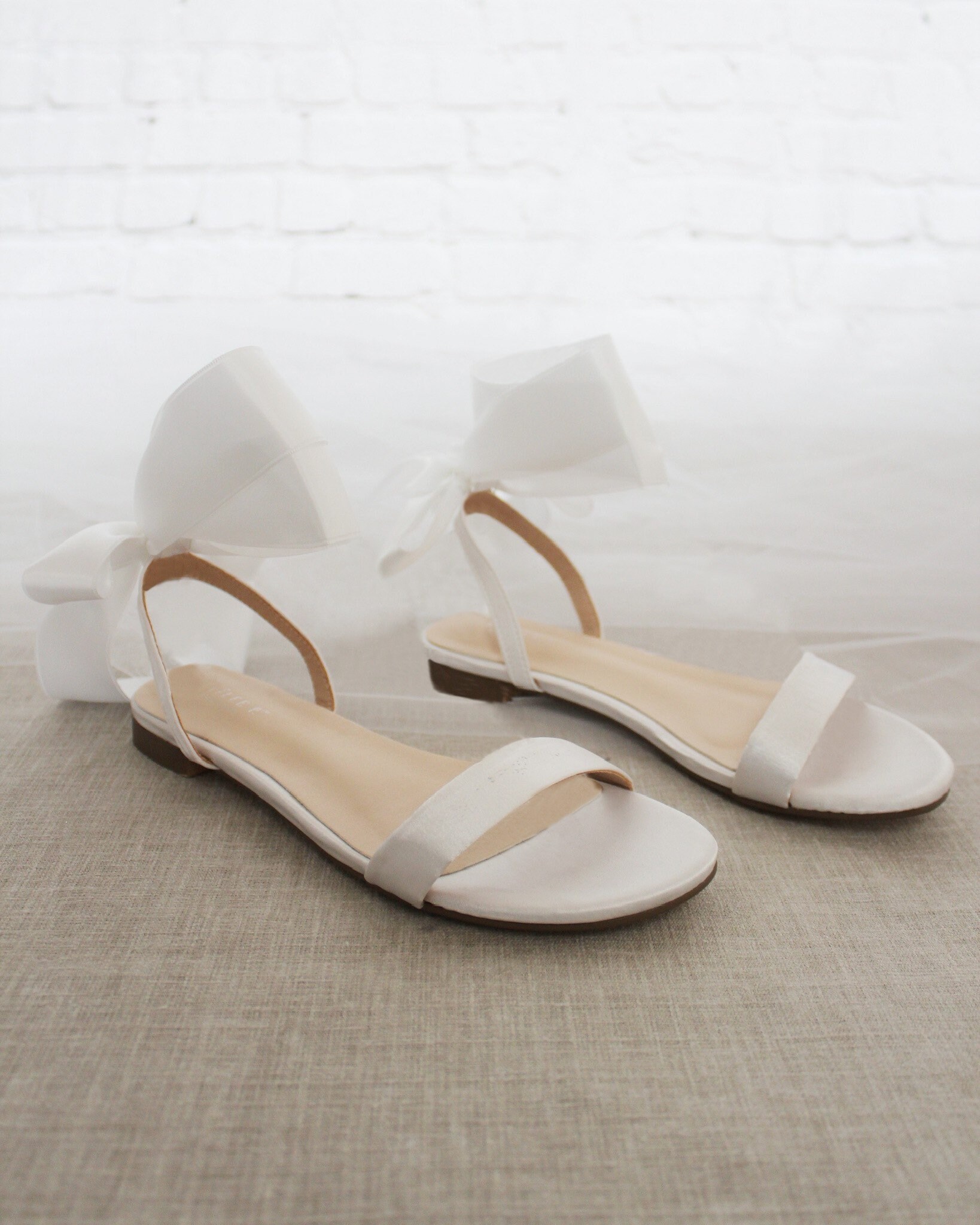 White Satin Flat Sandal With WRAPPED SATIN TIE, Bridesmaid Shoes, Women ...