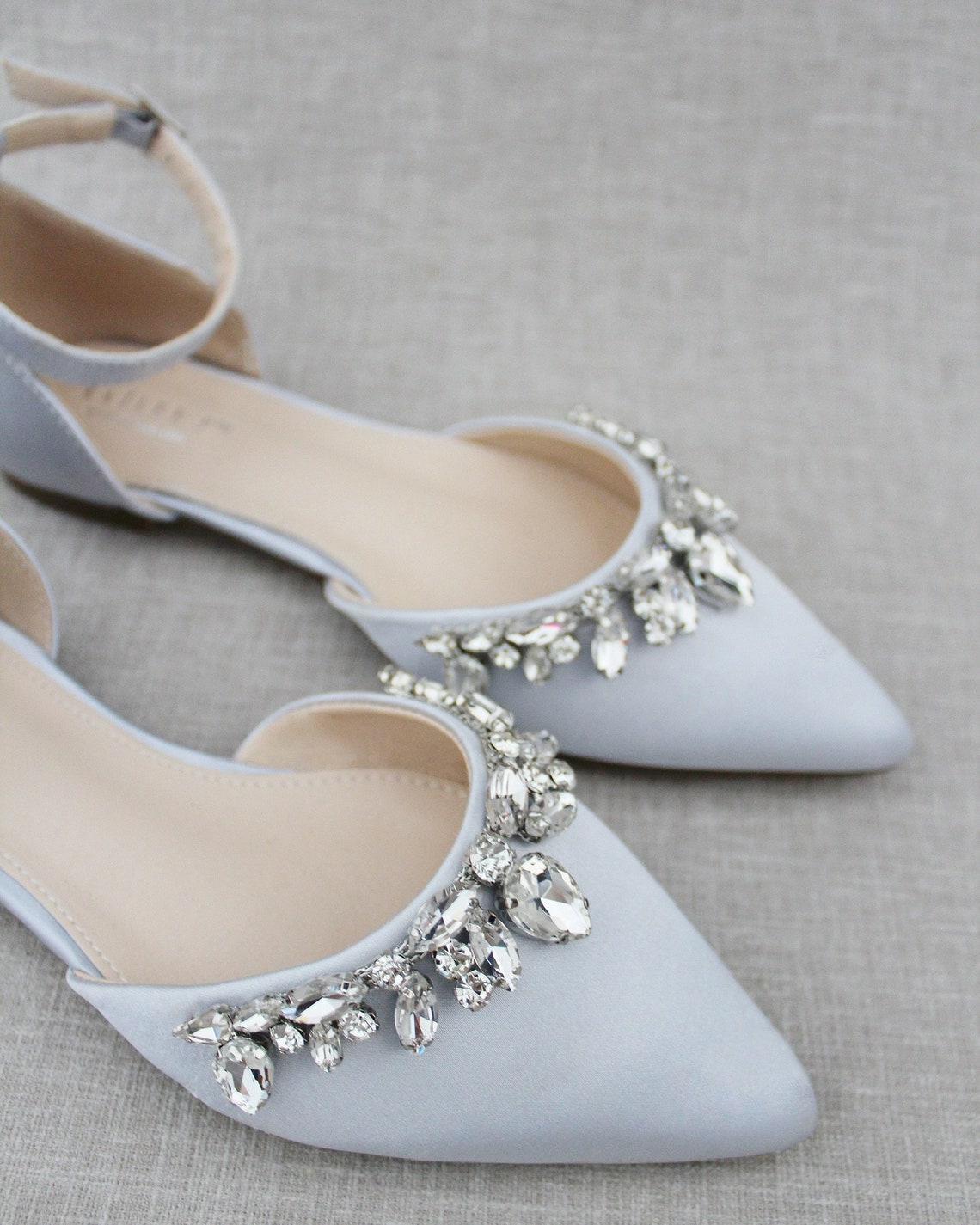 Silver Satin Pointy Toe Flats With Sparkly TEARDROP RHINESTONES, Women ...