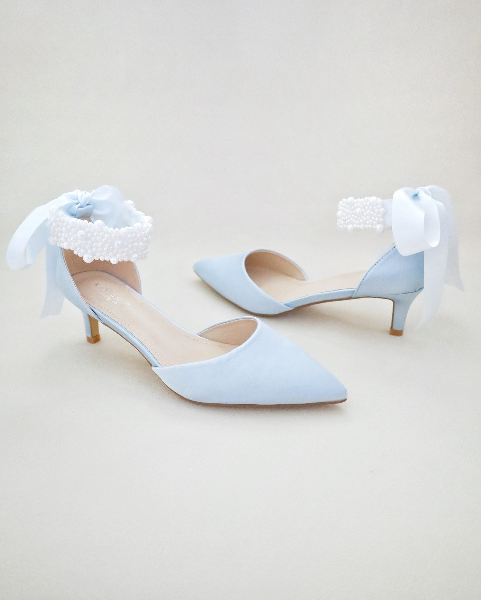 Light Blue Satin Pointy Toe Low Heels With Perla Ankle Strap, Bridal ...