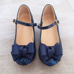 NAVY Rock Glitter Mary Jane Heel With Grosgrain Bow, Flower Girl Shoes ...