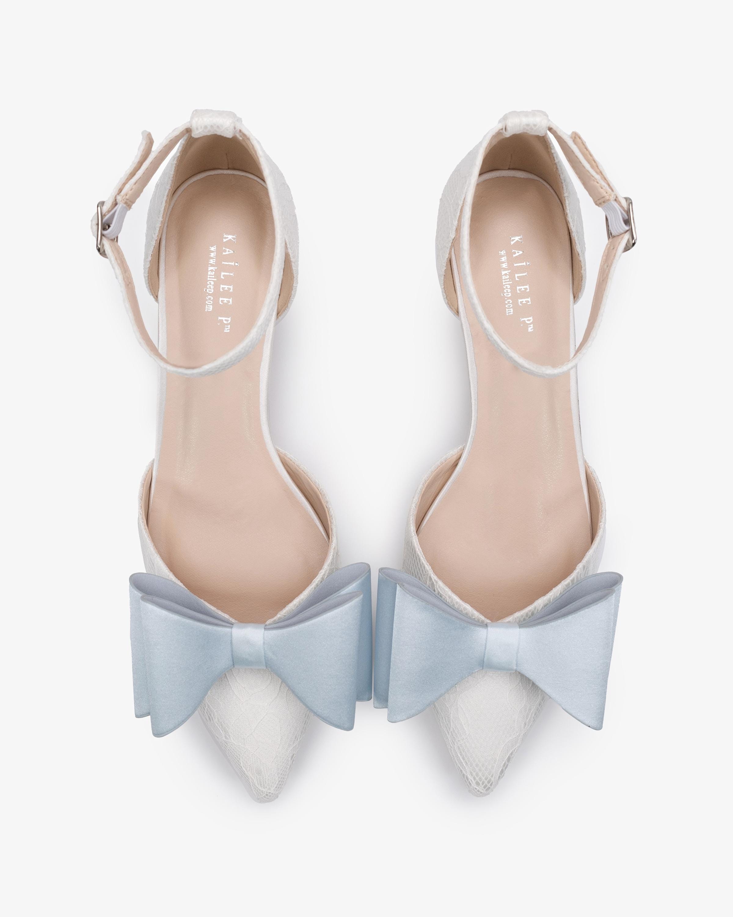 Ivory & White Lace Pointy Toe Low Block Heels Wedding Shoes With Light ...