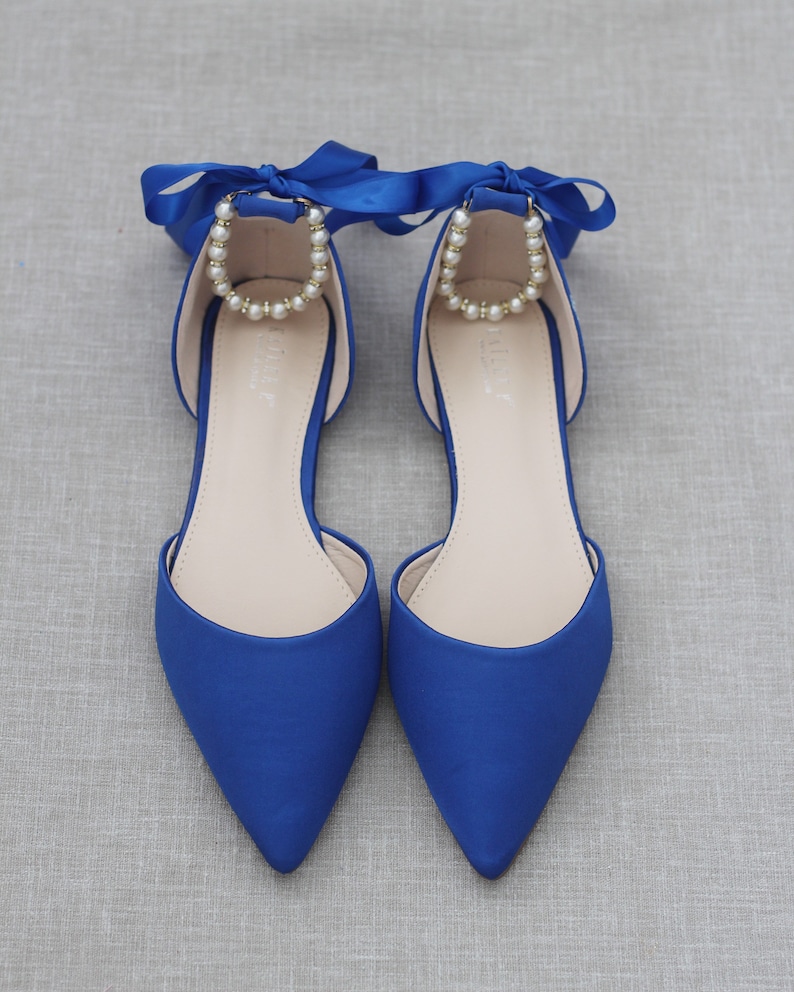Royal Blue Satin Pointy Toe Flats With PEARLS ANKLE STRAP, Wedding ...