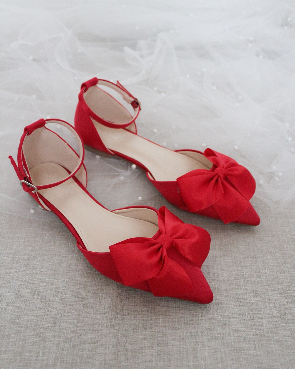 Red Satin Pointy Toe Flats With Front Satin Bow Wedding | Etsy