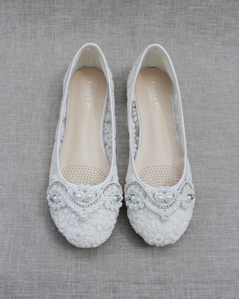 White Crochet Lace Round Toe Flats With SMALL PEARLS APPLIQUE - Etsy