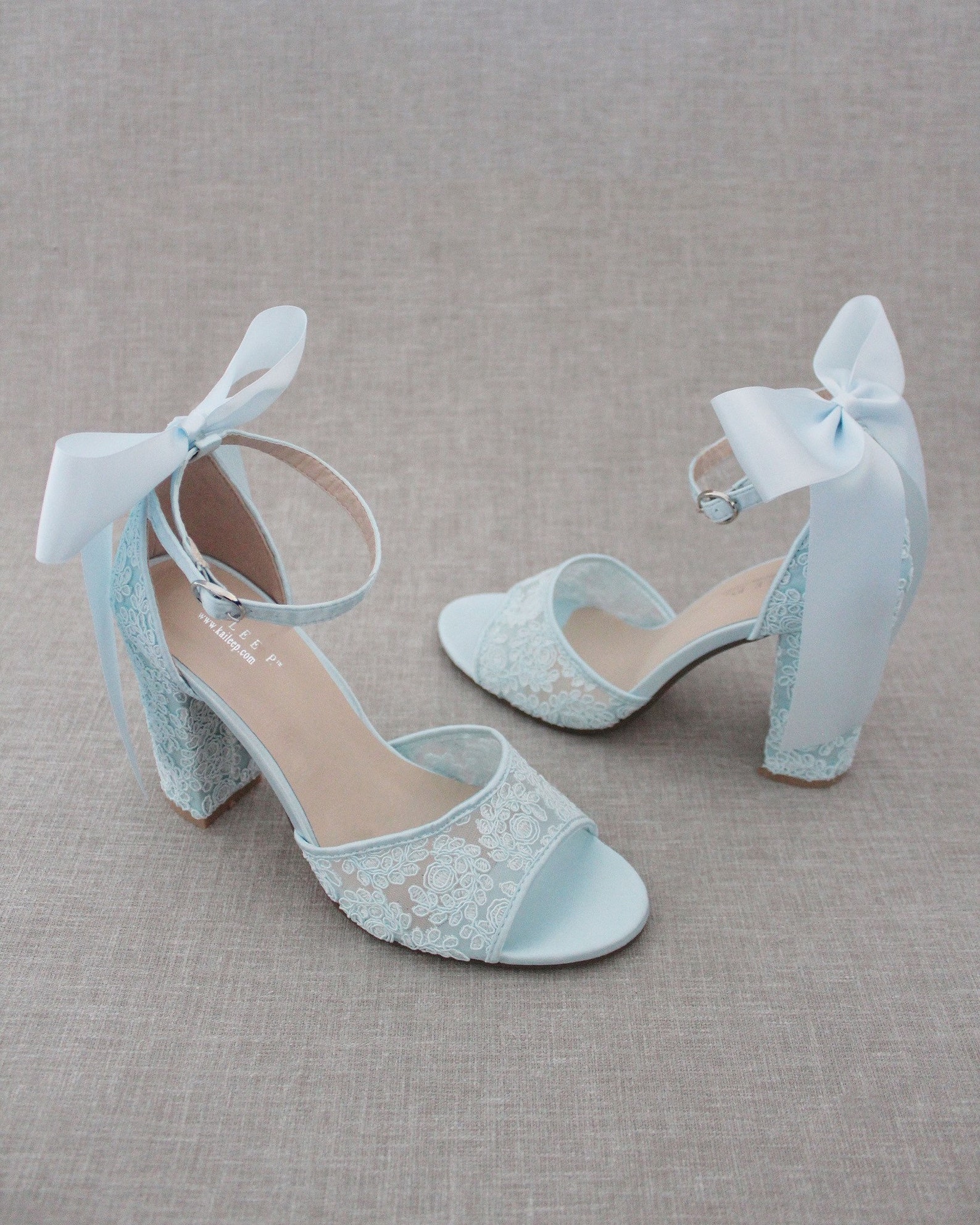 Light Blue Crochet Lace Block Heel Sandals With SATIN BACK BOW - Etsy