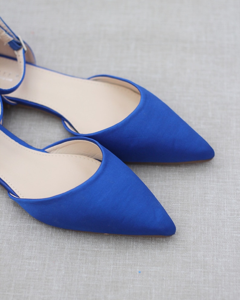 Royal Blue Satin Pointy Toe Flats With Satin ANKLE TIE or BALLERINA ...