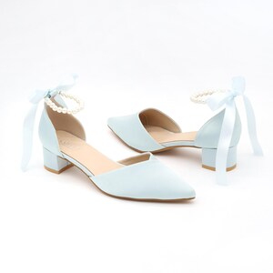 Light Blue Satin Pointy Toe Low Block Heels Wedding Shoes With All ...