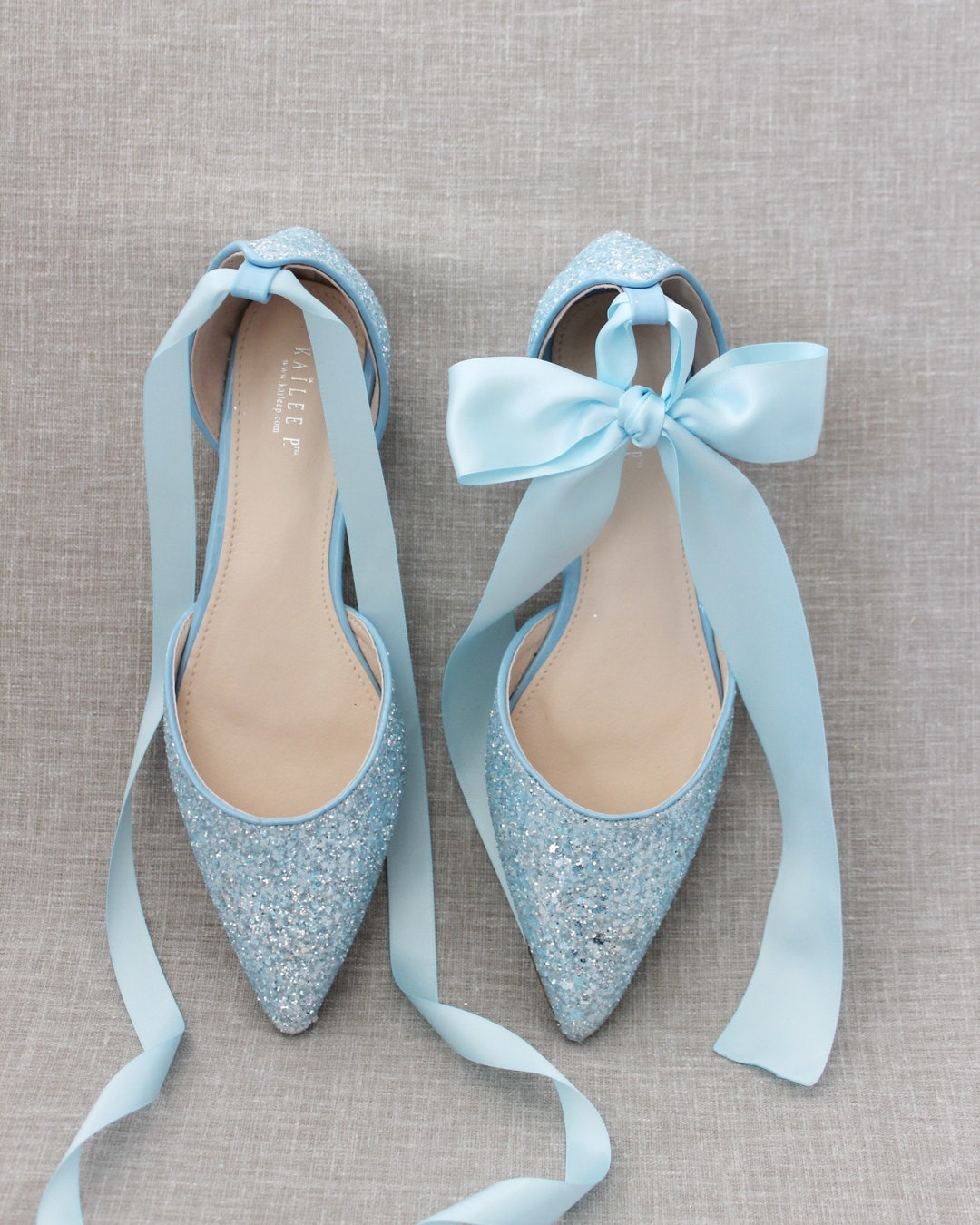 Light Blue Rock Glitter Pointy Toe Flats With Satin ANKLE TIE or ...