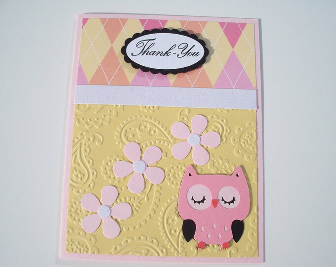 Pink and Yellow Owl Thank You Card - Etsy