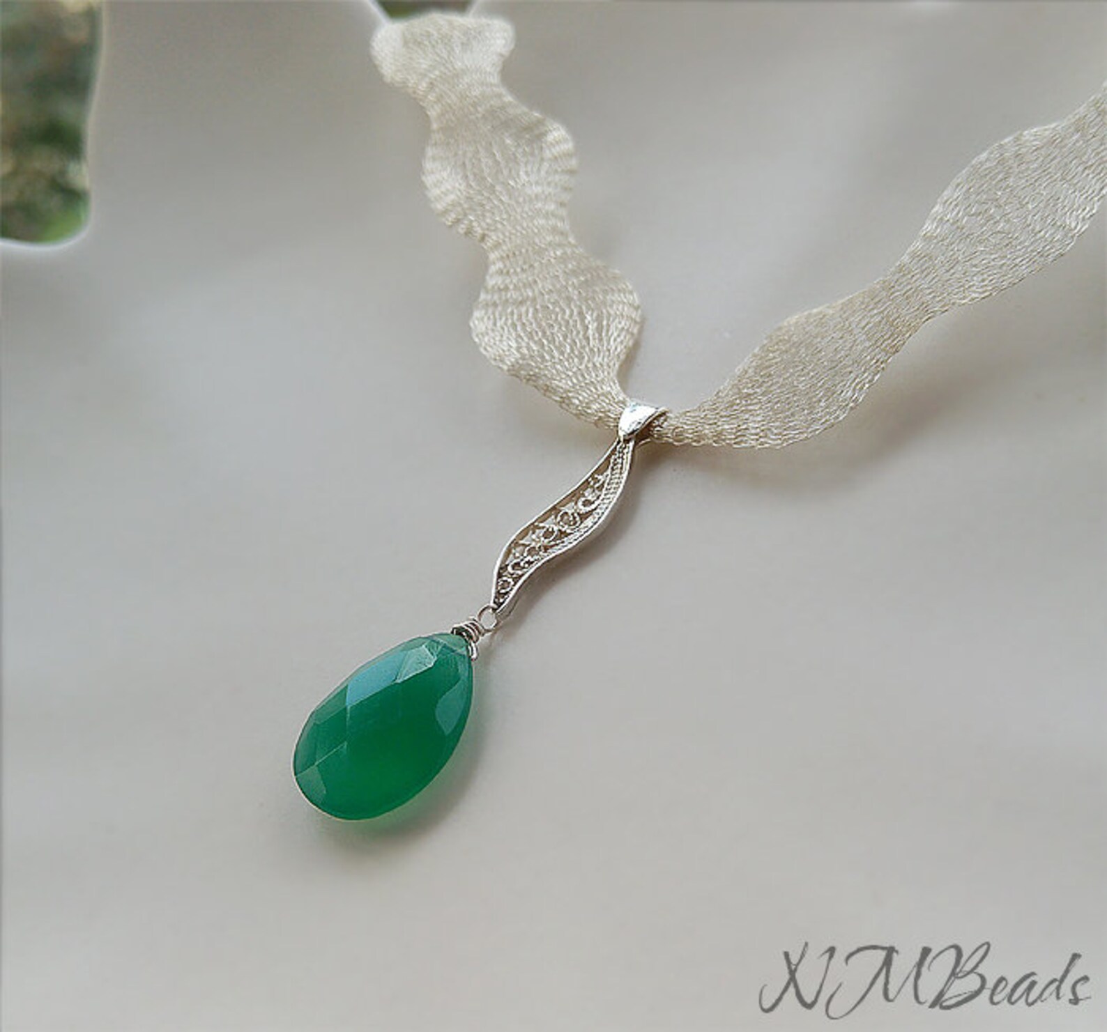 Green Agate Pendant, Filigree Leaf Necklace, Green Gemstone Necklace ...