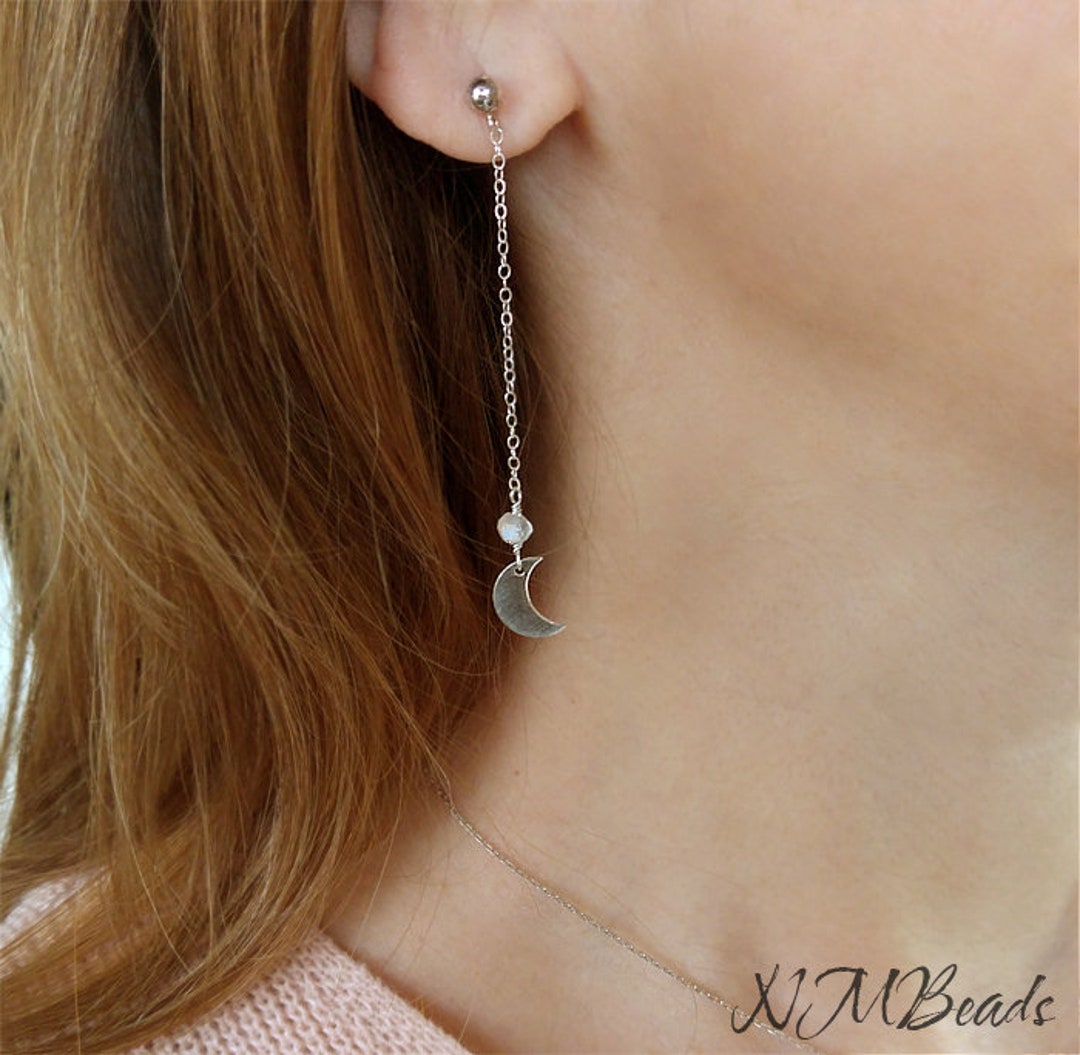 Long Chain Moon Earrings With Moonstone Sterling Silver Ball - Etsy