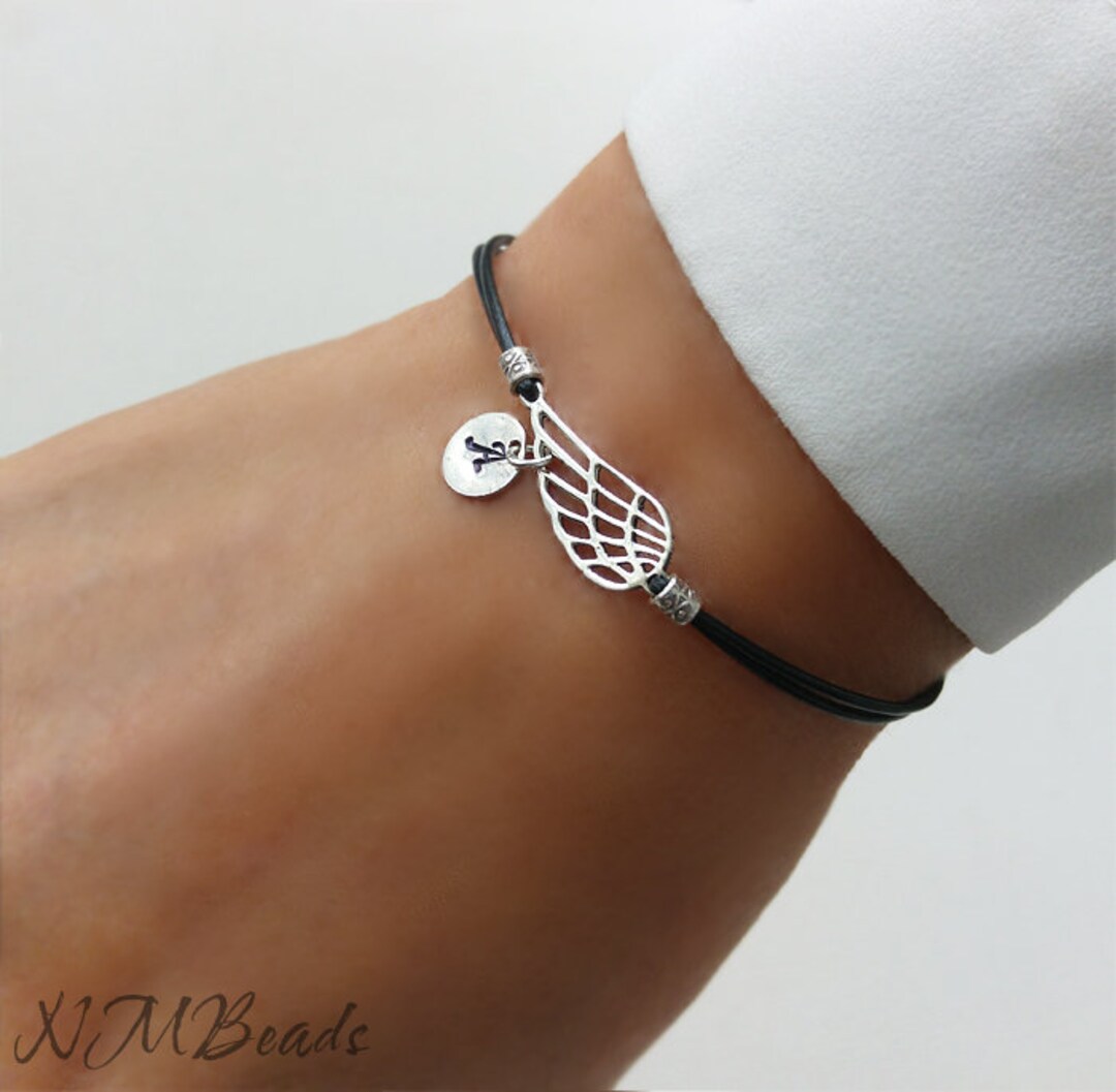 Personalized Angle Wing Leather Bracelet, Sterling Silver Guardian ...