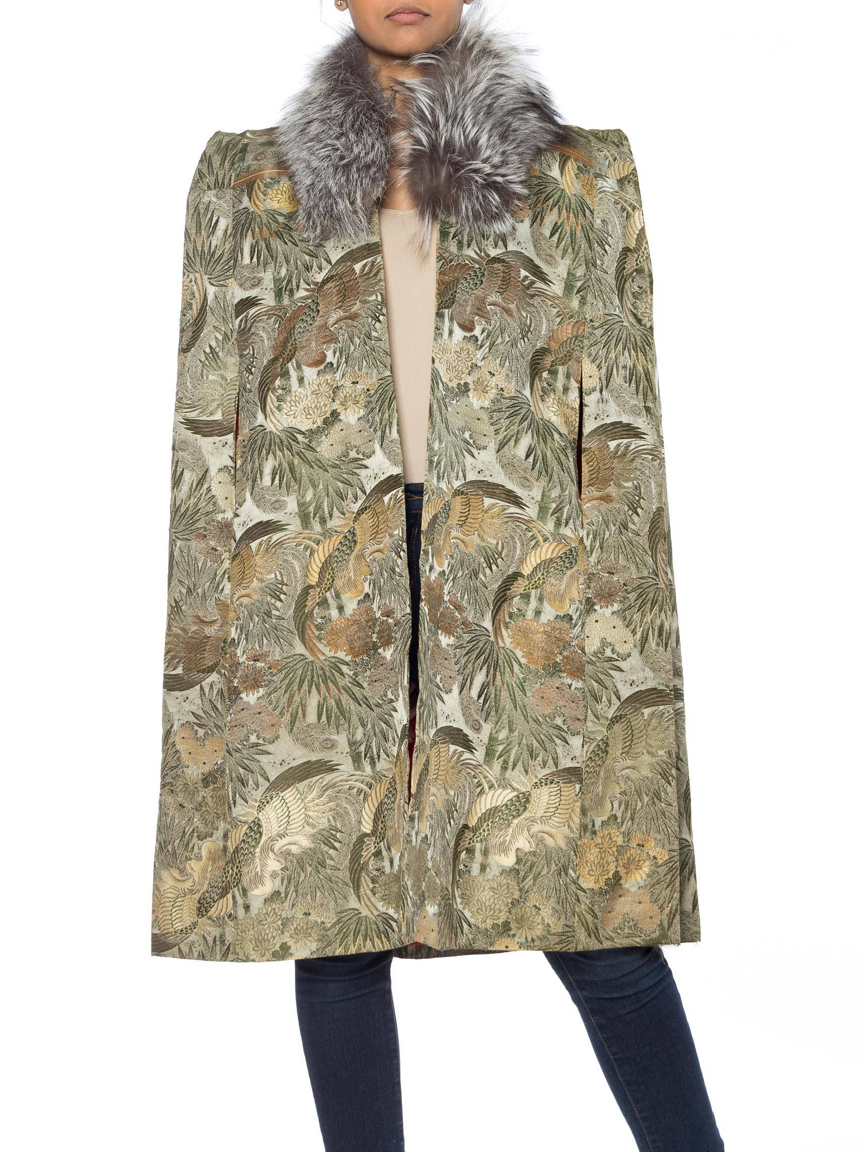 1940S Green & Gold Silk Cape Made From Antique Japanese Jacquard With ...